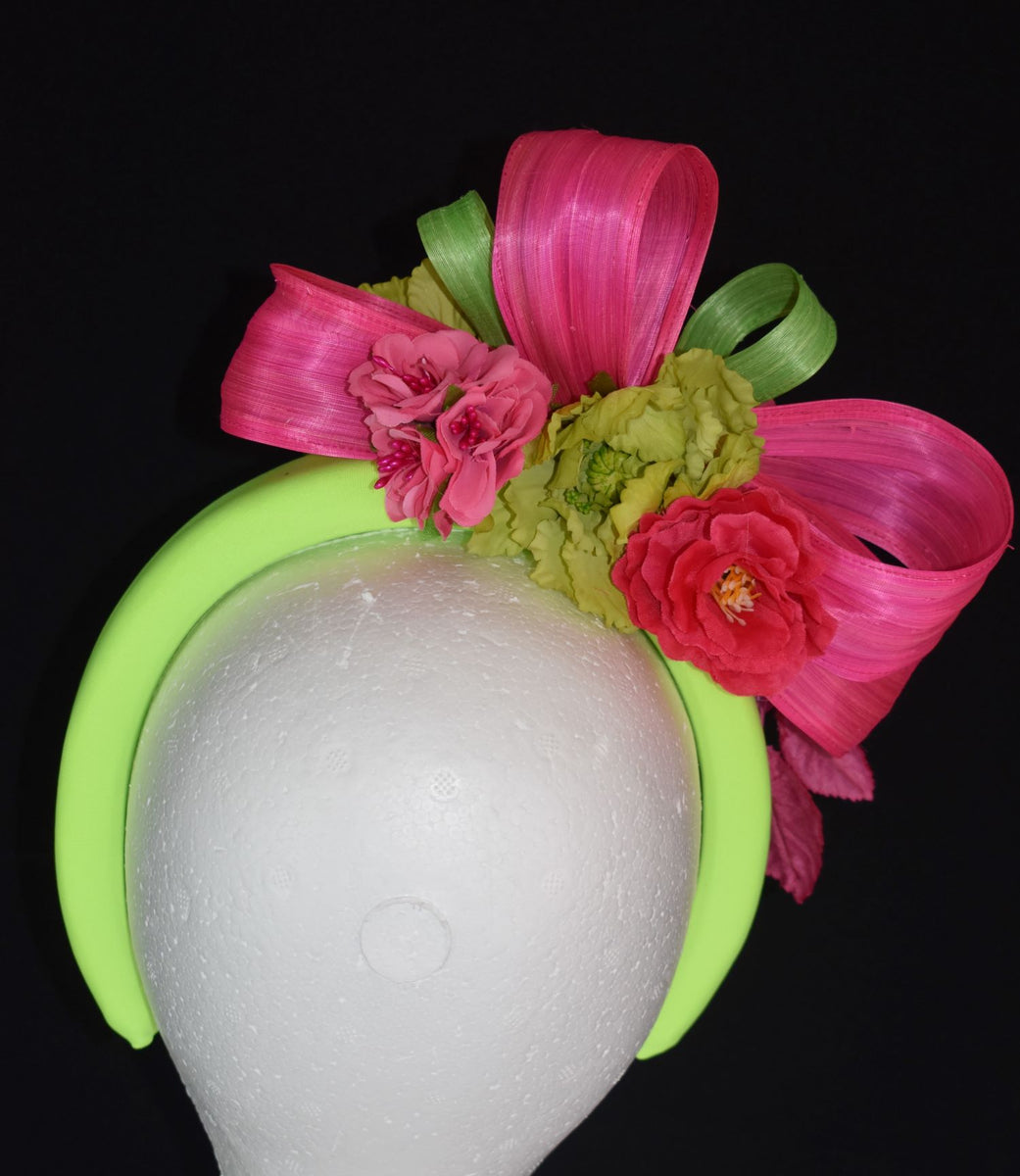 Hot pink and lime green floral crown fascinator – Beautiful Fascinators