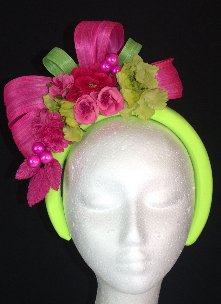 Hot pink and lime green floral crown fascinator – Beautiful Fascinators