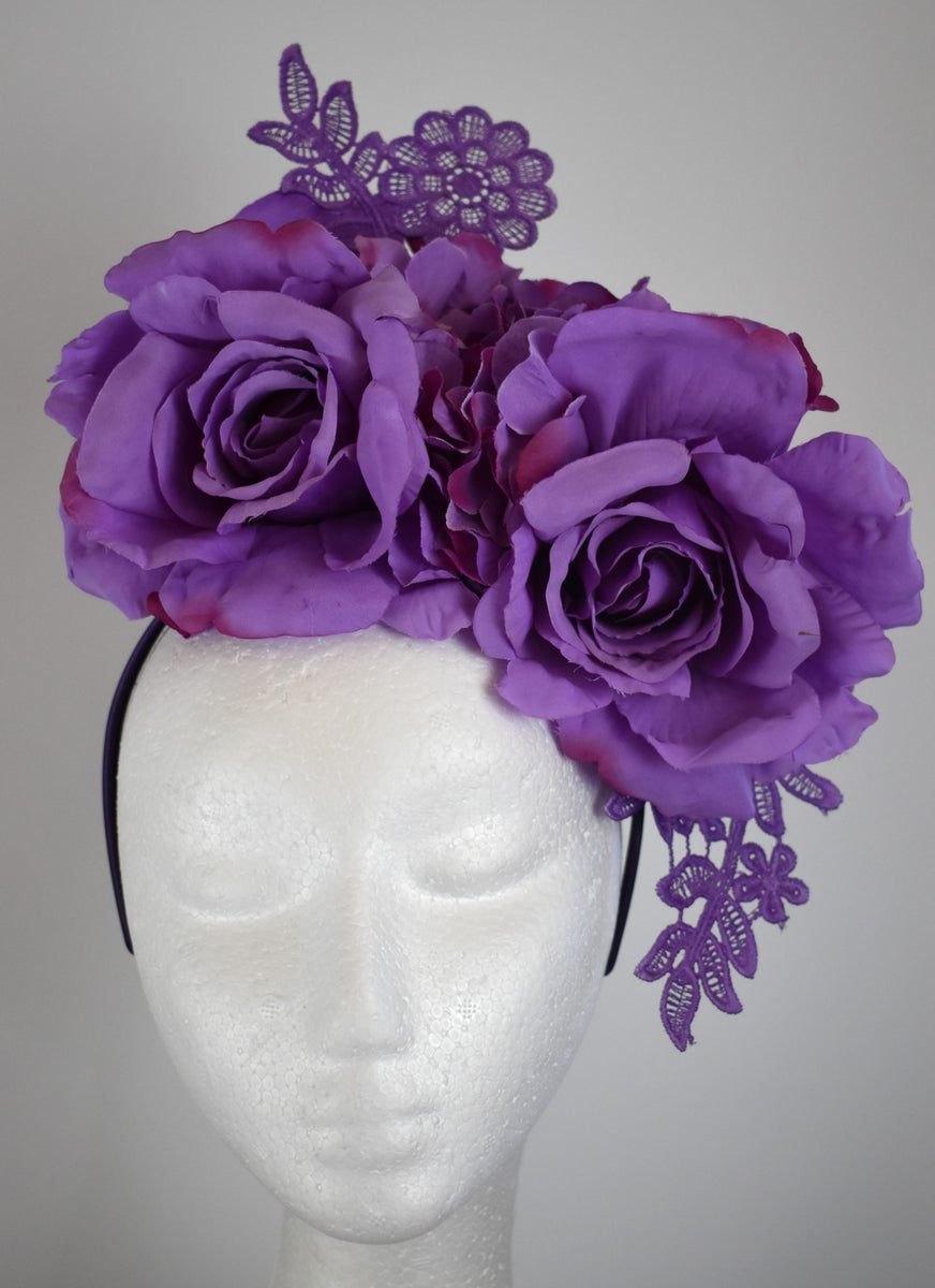 Purple flowers lace fascinator – Beautiful Fascinators