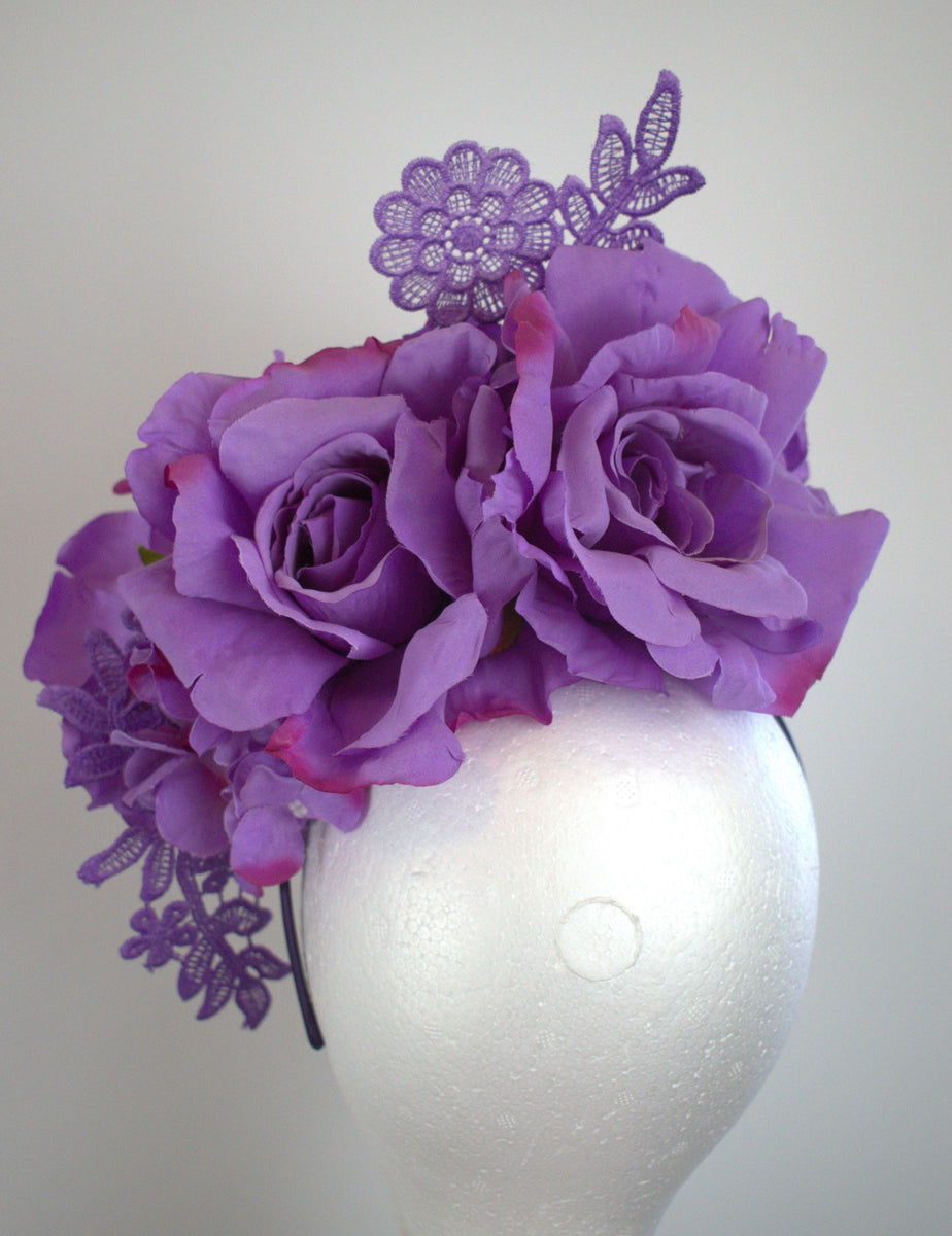 Purple flowers lace fascinator – Beautiful Fascinators