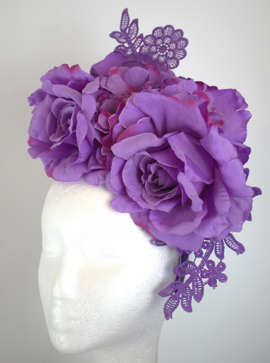 Purple flowers lace fascinator – Beautiful Fascinators